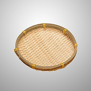 Hemoton Bamboo Woven Round Basket Tray Rustic Wood Decorative Serving Tray for Breakfast Drinks Snack Coffee Table Wall Hanging Home Decoration 18cm