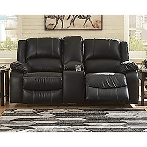 Signature Design by Ashley Calderwell Faux Leather Manual Double Reclining Loveseat with Storage Console, Black