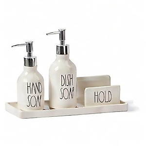 Rae Dunn Kitchen-Sink Soap Dispenser Set, Hand Soap and Dish Soap Dispenser for Kitchen with Sponge Holder and Tray