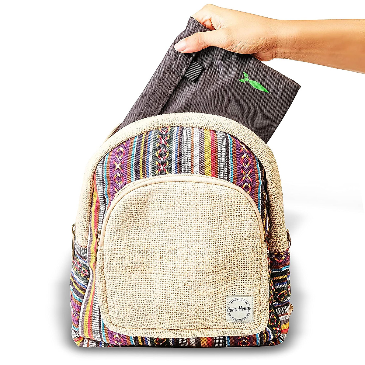 Smell Proof Hemp Mini Backpack - Premium Material Handmade in Nepal - Includes Dog Tested Odor Locking Velcro Bag (7x6 Inches), for Men and Women (Multi-colored (New Logo))