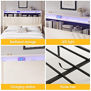 Fameill Queen Size Floating Bed Frame with 50.8" Tall Headboard, LED Upholstered Platform Bed with Charging Station, Metal Platform Bed Frame with Upholstered Storage Headboard, Noise-Free, Beige