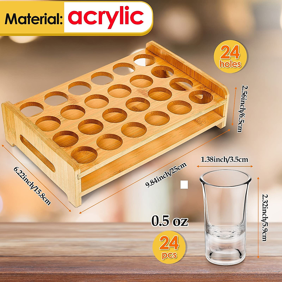 Juexica Shot Glasses Set 0.5 Oz/ 15 ml 24 Pcs Acrylic Mini Shot Glass with Tray Holder Shot Glass Tray Serving Holder Wood Serving Tray Tequila Glasses Clear Shot Glasses for Club Party Bar