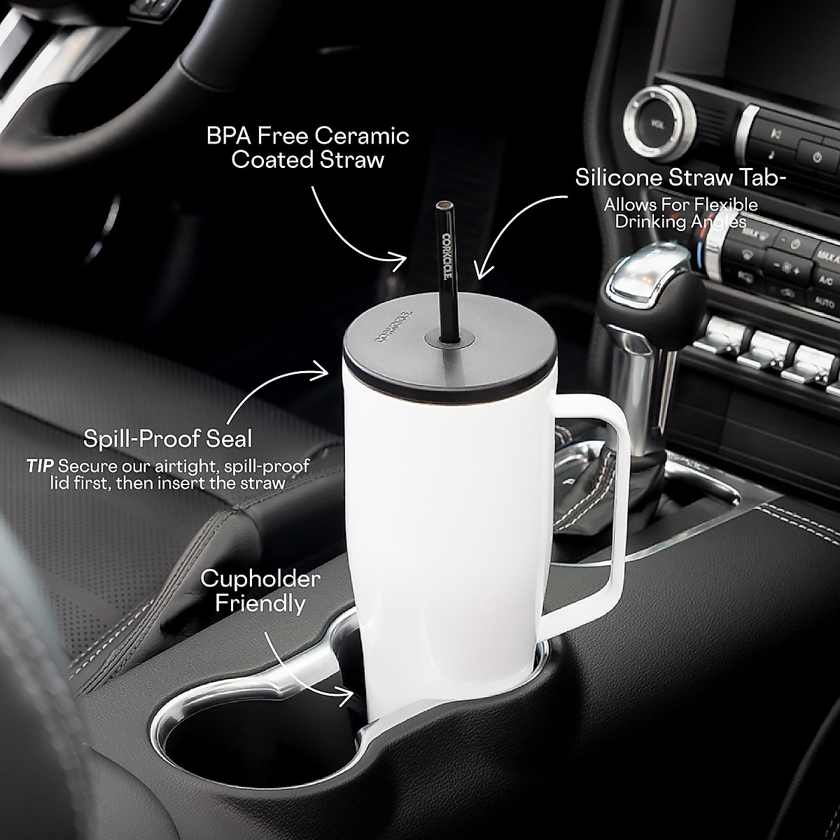 Corkcicle 30oz Tumbler With Handle, Gloss White, Reusable Water Bottle, Triple Insulated Stainless Steel Travel Mug, BPA Free, Keeps Beverages Cold 12 Hours, Tumbler with Lid and Straw, Cold Cup XL