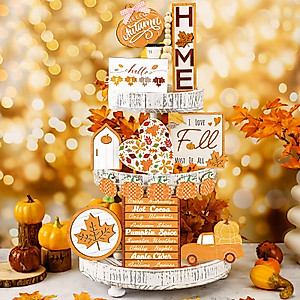 Amyhill 15 Pcs Thanksgiving Tiered Tray Decor Set Fall Tiered Tray Decor Rustic Pumpkin Maple Leaf Truck Table Centerpieces Harvest Wood Blocks Signs for Home Fall Decorations