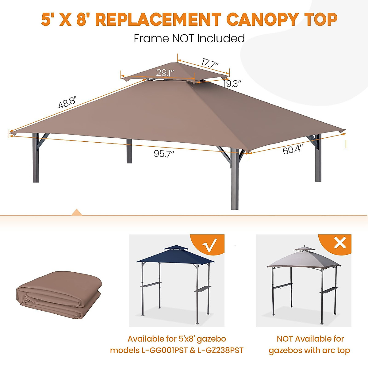 Akeacubo Replacement Canopy Cover with Double Tiered Roof Fit for 5'x8' BBQ Grill Gazebo Model L-GG001PST、L-GZ238PST (Khaki)