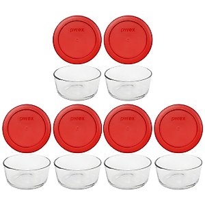 Pyrex (6 7200 Glass Bowls & (6) 7200-PC Poppy Red Lids Made in the USA