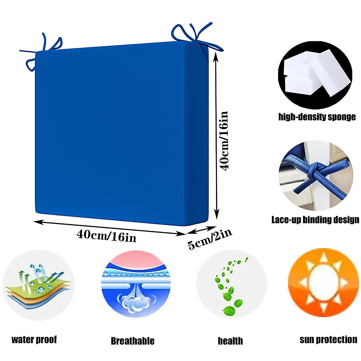 LFNOONE Kitchen Chair Cushions Set of 4 Garden Patio Seat Cushions 16"X16"X2"Square Patio Chair Pads,Zipper Design,High-Density Sponge Filling,for Outdoor Chair/Dining Chair/Patio seat Cushions/Blue…