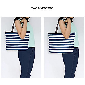 Bolaz Tote Bag with Zipper for Women Navy Blue White Striped Handbags Pockets Shoulder Bag Work Large Travel Office Business