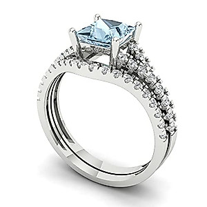 Clara Pucci 2.01ct Princess Cut Solitaire Natural Sky Blue Topaz Engagement Promise Anniversary Bridal Ring Band set 14k White Gold 3.5