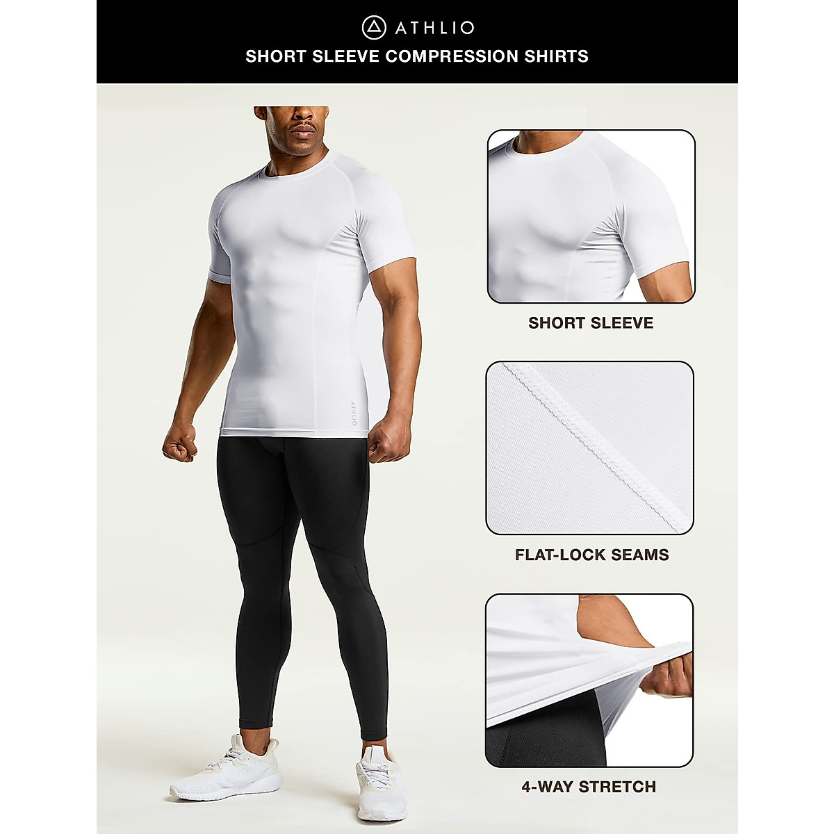 ATHLIO Men's Cool Dry Short Sleeve Compression Shirts, Sports Baselayer T-Shirts Tops, Athletic Workout Shirt, 3pack Tops White/White/White, Medium