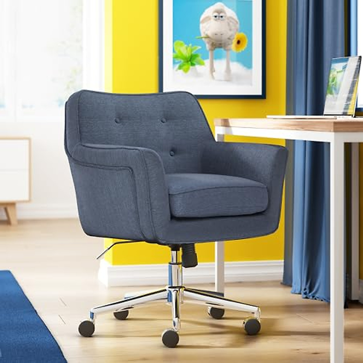 Serta Ashland Home Office Desk Chair with Button Tufted Mid-Back, Memory Foam Cushion and Padded Arms, Mid Century Modern Vanity Armchair with Wheels for Bedroom, Chrome Metal Base, Blue