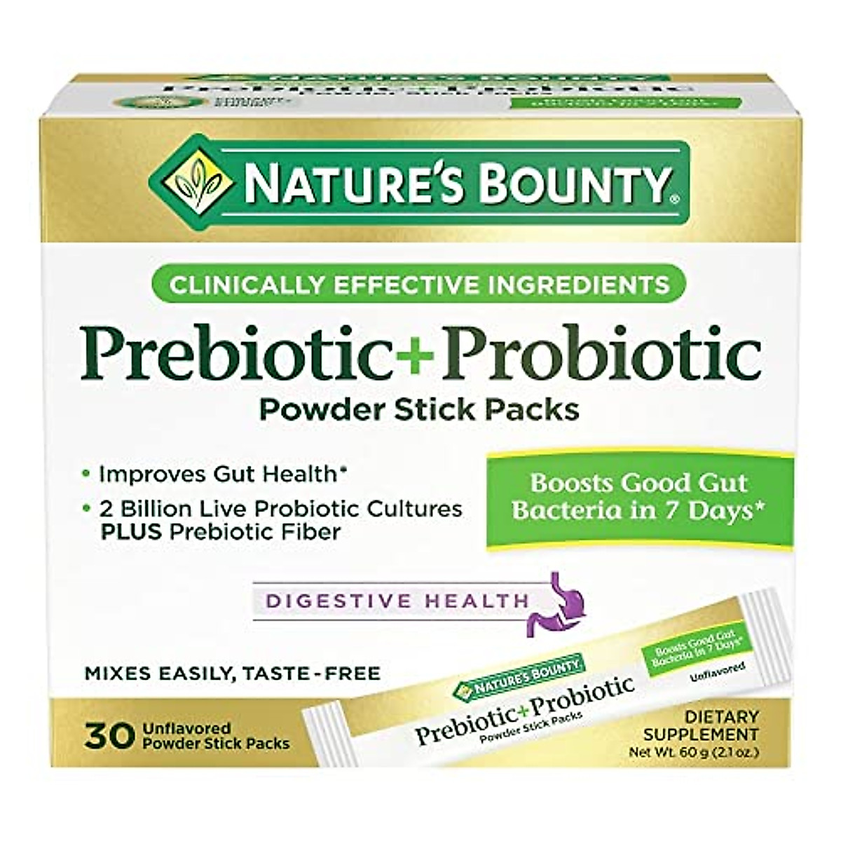 Nature's Bounty Prebiotic + Probiotic Powder Stick Packs with Bimuno, Digestive Health, Powder Sticks, Unflavored, 30 Ct