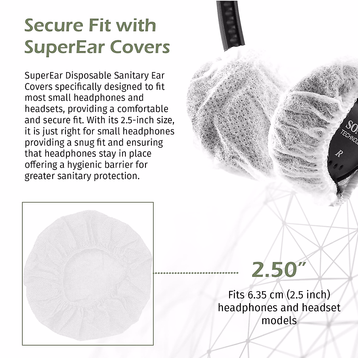 SuperEar Disposable Sanitary Ear Covers for Headphones and Headsets - Ear Covers for Enhanced Ear Protection and Hygiene: Keep Your Ears Clean, Safe, and Comfortable - 100 Individual Covers and 2.5"