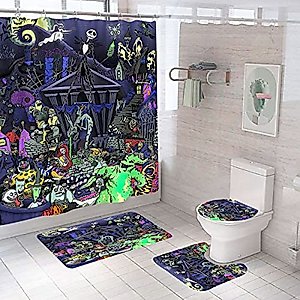 DDS-DUDES 4Pcs Nightmare Before Christmas Zombie Bride Jack Shower Curtain Sets Kids Bathroom Halloween Decor with 12 Curtain Hooks for Bathroom, Waterproof 71 x 71 inch (D0025)