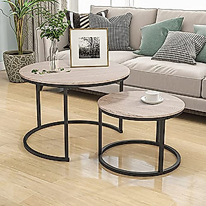 HOJINLINERO Industrial Round Coffee Table Set of 2 End Table for Living Room,Stacking Side Tables, Sturdy and Easy Assembly,Wood Look Accent Furniture with Metal Frame,Black+Teak Oak…