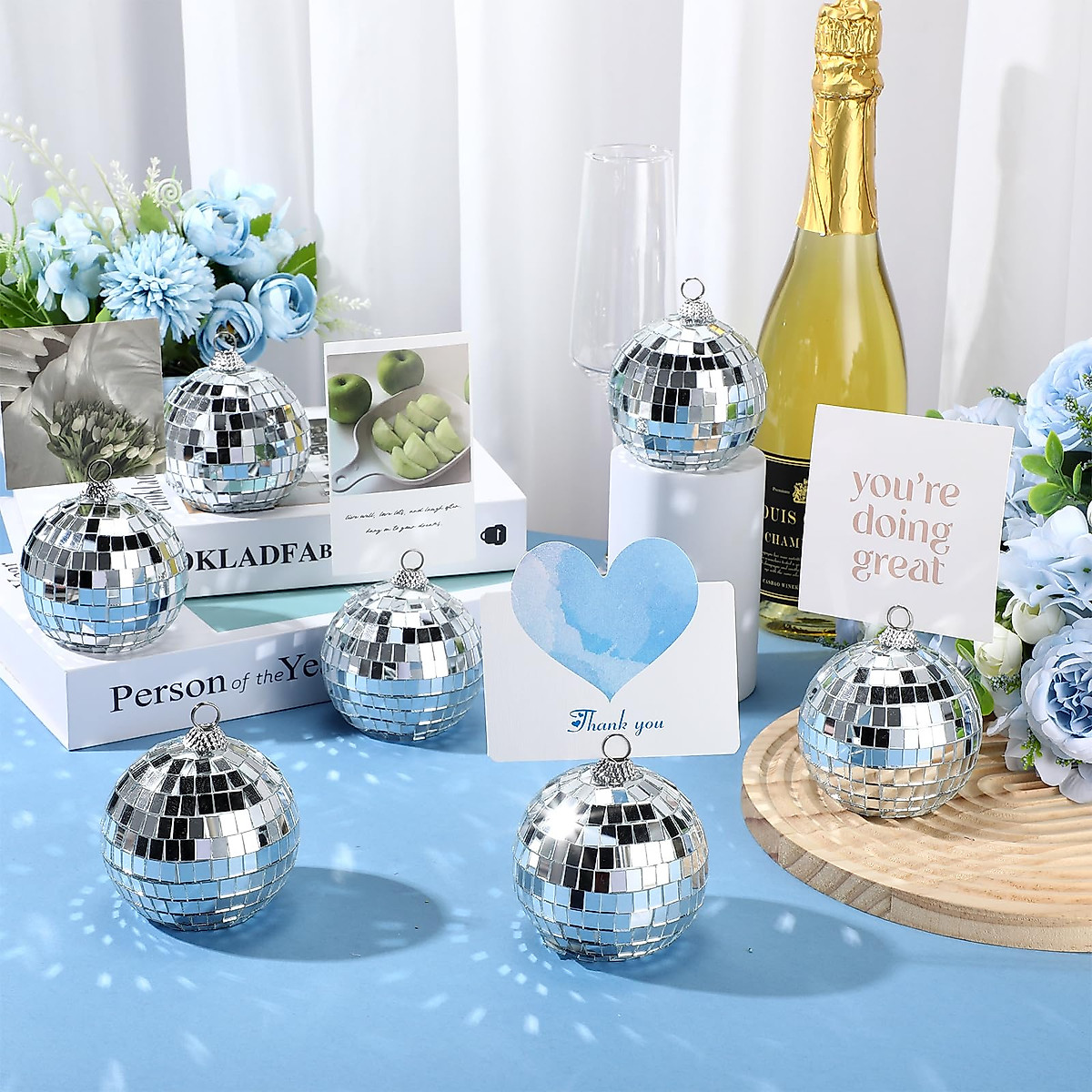 Engrowtic 10 Pcs Disco Ball Place Card Holders 4 Inch Large Silver Table Number Holder for Photo Name Card Stands Disco Centerpiece Decor for Holiday Wedding Party Birthday Table Display Menu Picture