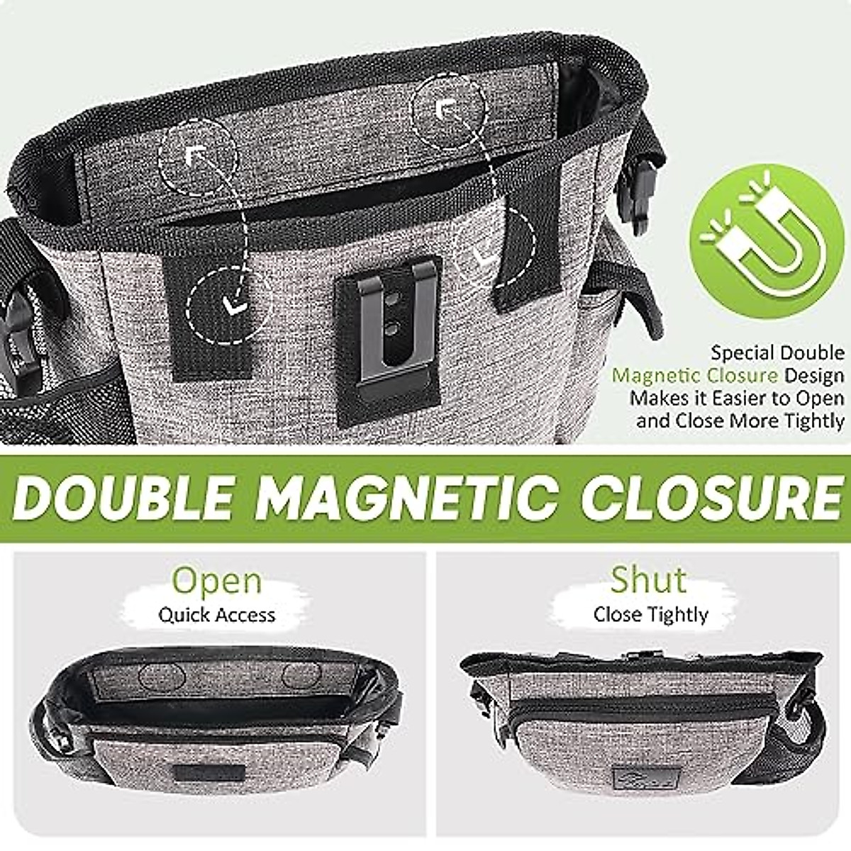 Large Dog Treat Pouch for Training with Magnetic Closure, Portable Dog Walking Fanny Pack Built-in Poop Bag Dispenser and Multiple Pockets, Includes Waist Belt Clip, Adjustable Shoulder Strap (Grey)