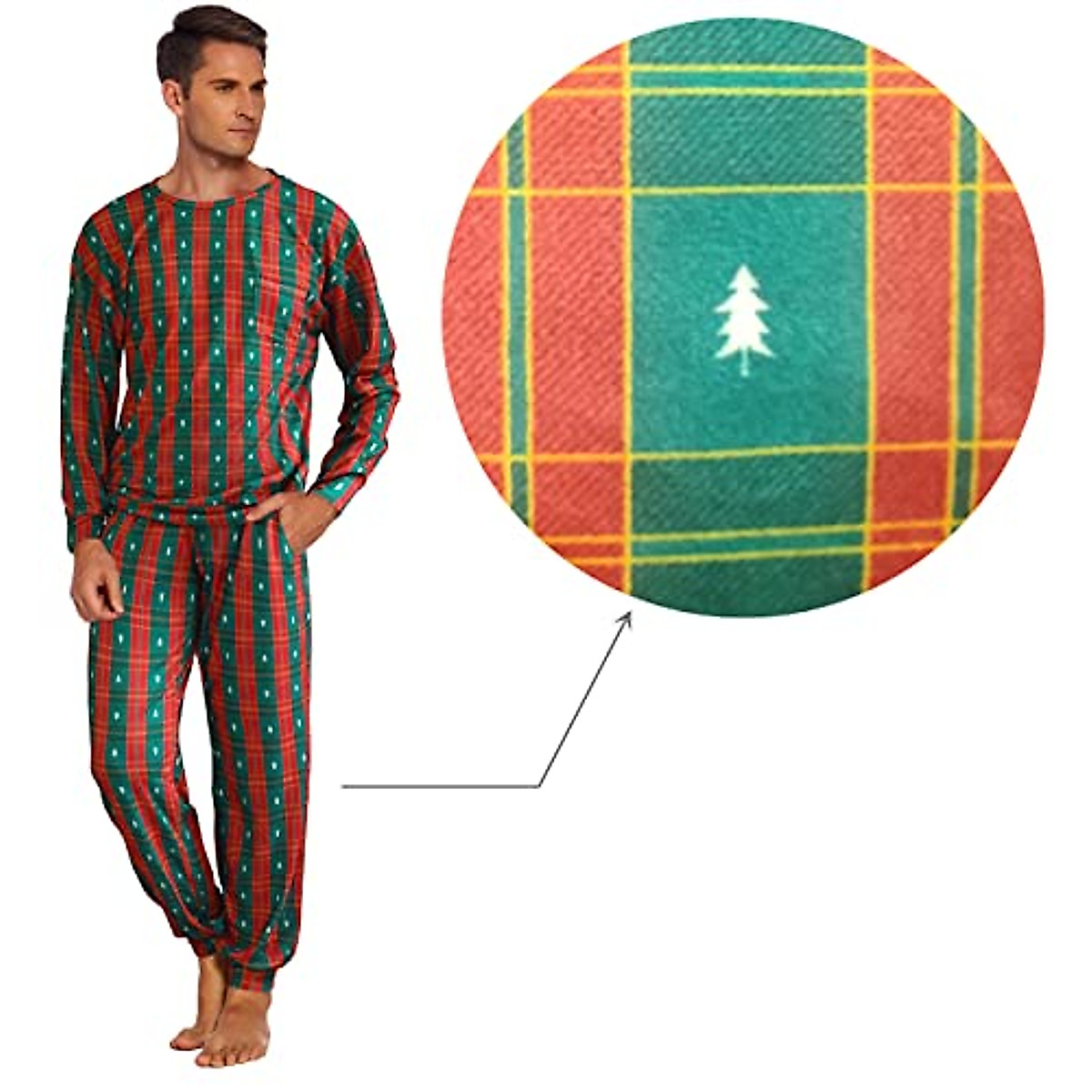 Ekouaer Men Christmas Pajamas Buffalo Plaid Xmas Tree Prints PJ's Long Sleeve Plaid Top with Full Length Pants 2 pieces Sleepwear