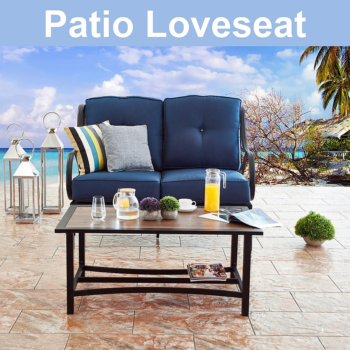 PatioFestival Patio Bench Sofa Outdoor Loveseat Conversation Set with Thick Cushion & Coffee Table Metal Frame Furniture for Deck Garden Poolside Balcony Beach(2 Seats, Blue)