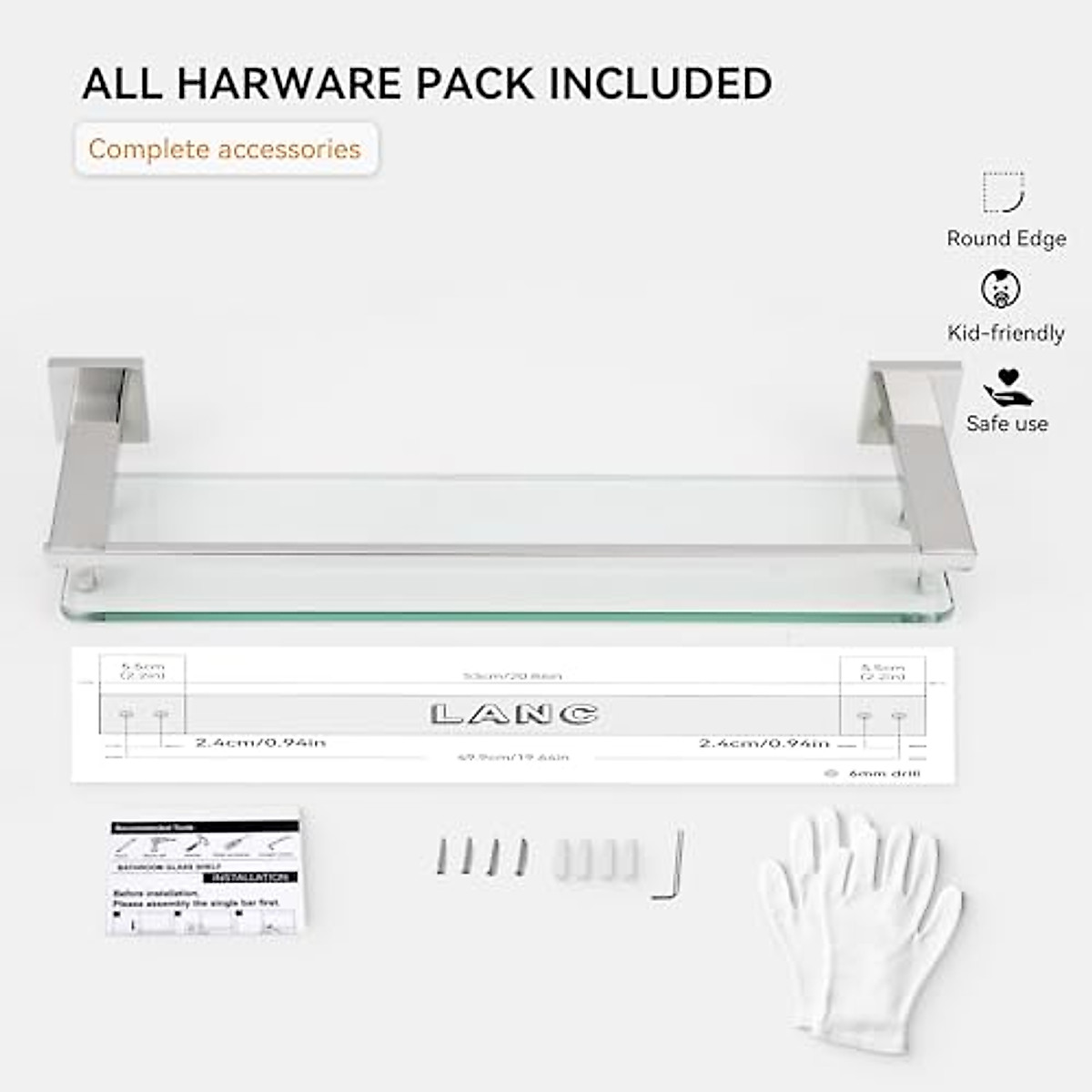 LANC Chrome Bathroom Shelf Glass Shelves 20-Inch Floating Tempered Glass Shelf Rectangular Stainless Steel Wall Mounted Silver Polished Shelves for Bathroom Kitchen Organizers Accessories，A7613CP