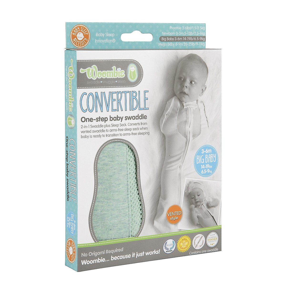 Woombie Convertible Vented Baby Swaddle Blanket, Converts to Wearable Blanket for Babies Up to 6 Months, Lime Sorbet Green, 14-19 lbs