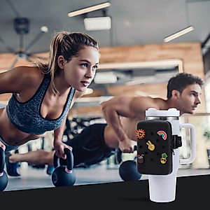 HCVUINL Silicone Water Bottle Pouch with 5 Charms, Water Bottle Handheld Caddy for Quencher Adventure 40oz & Stanley IceFlow 20oz 30oz,Tumbler Pouch Sports Gym Bottle Accessories,Black