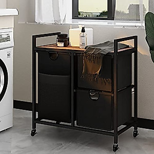 Tohomeor Laundry Sorter with 3 Laundry Basket Rolling Laundry Hamper Cart with Wheels Sliding Pull Out and Removable Laundry Basket Bags for Laundry Room Bathroom Bedroom (Rustic Brown)