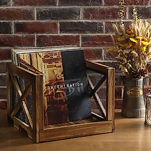 FARM IN Vinyl Record Storage Crate, Open Face Design Record Holder Holds Over 65 Records, Both Direction Available, Barn Door “X-Cross” Design, Rustic Solid Burnt Wood and Diamond Metal Wire Mesh