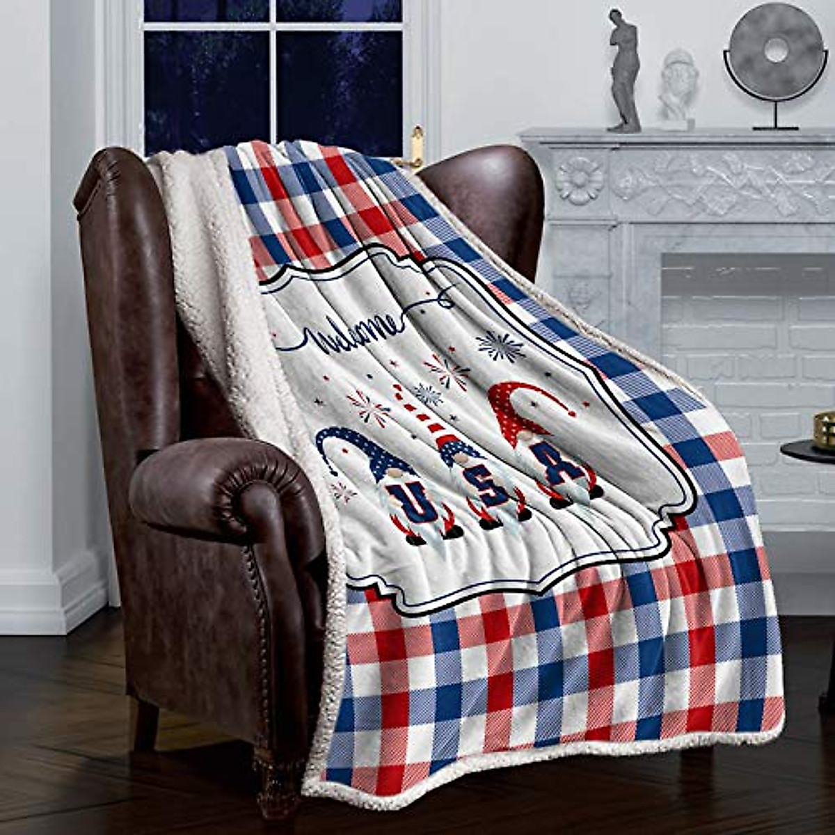 Sherpa Fleece Throw Blanket Independence Day Gnome USA Flag Reversible Warm Cozy Throws, Blue Red White Buffalo Lattice Super Soft Plush Bed TV Movie Blankets for Living Room Couch/Sofa/Travel/Office