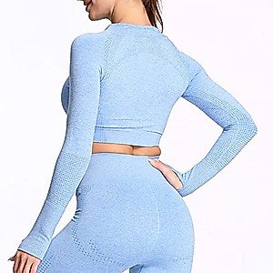 Aoxjox Long Sleeve Crop Tops for Women Vital 1.0 Workout Seamless Crop T Shirt Top (Vital Sky Blue Marl, Medium)