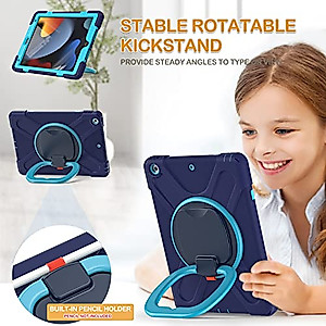 BRAECN for iPad Case 9th/8th/7th Generation,Rugged Kids Friendly Silicon Case with Folding Stand/Handle Grip Pencil Holder Shoulder Strap Screen Protector Pencil Cap Holder for iPad 10.2”-Navy Blue