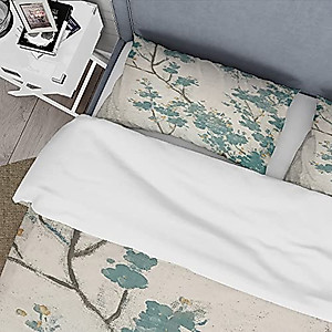 DesignQ Teal Cherry Blossoms II Traditional Duvet Cover Set, Blue Duvet Cover Set Queen, Floral Bedding Set of 3 Pieces, All Season Traditional Bedding Sets Queen