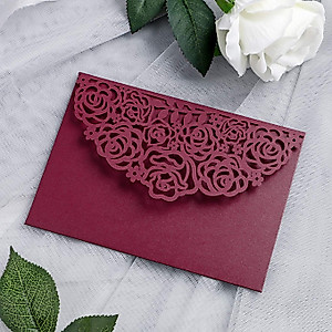 YIMIL 20 Pcs 5.12 x 7.21 inch Tri-fold Laser Cut Wedding Invitation Pocket for Wedding Quinceanera Bridal Shower Baby Shower Party Invite (Burgundy)