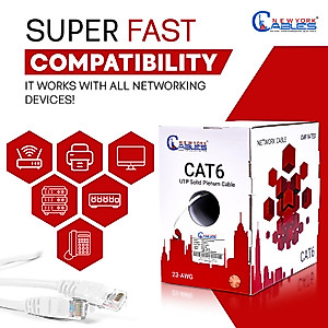 CAT6 Plenum (CMP) 1000ft Bulk Ethernet Cable | 100% Pure Solid Bare Copper | 550MHz, 23AWG, 4Pair UTP 10GB Internet Cable for Networking & Gaming (White)