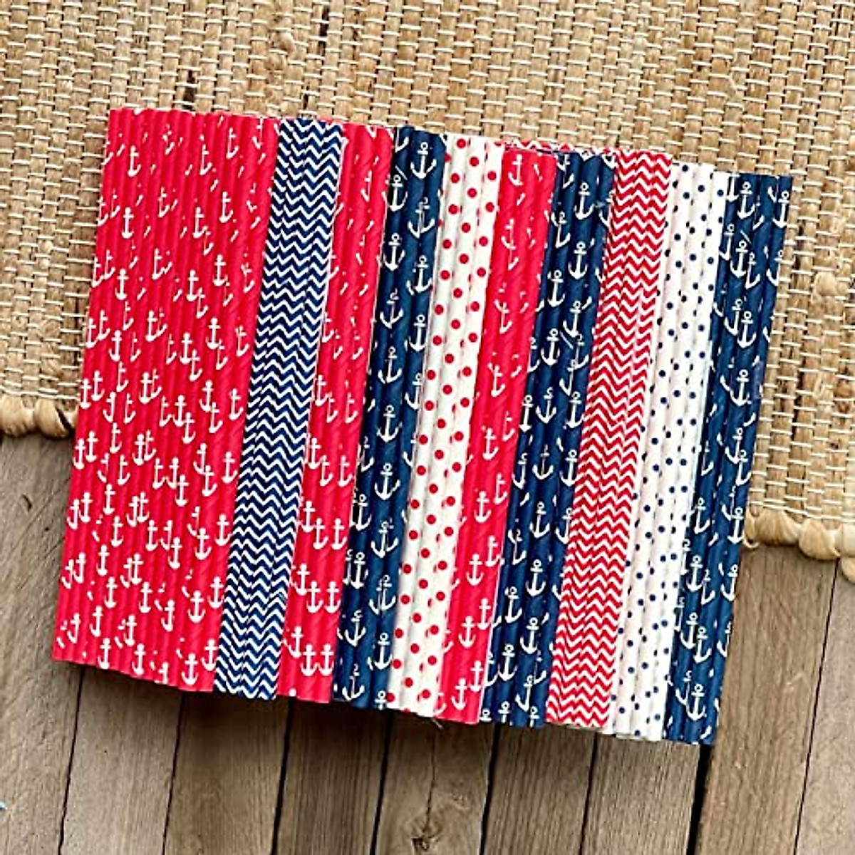 Bulk Anchor Nautical Theme Paper Straws - Navy Blue Red and White Party Supplies - 250 Pack Outside the Box Papers Brand