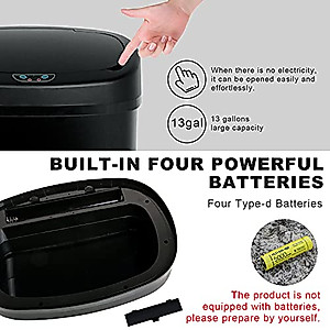 HCY Trash Can, 13 Gallon Automatic Waste Bin Mute Metal Garbage Can with Lid Stainless Steel 50 Liter for Kitchen, Office, Bedroom, Bathroom, Living Room (Black)