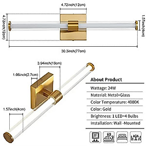 Gold Bathroom Vanity Light Fixtures, LED Brass Wall Sconce Over Mirror with Clear Glass Shade 30.31 Inch 18W 4000K 360° - Vanity Lights for Bathroom Bar Living Room