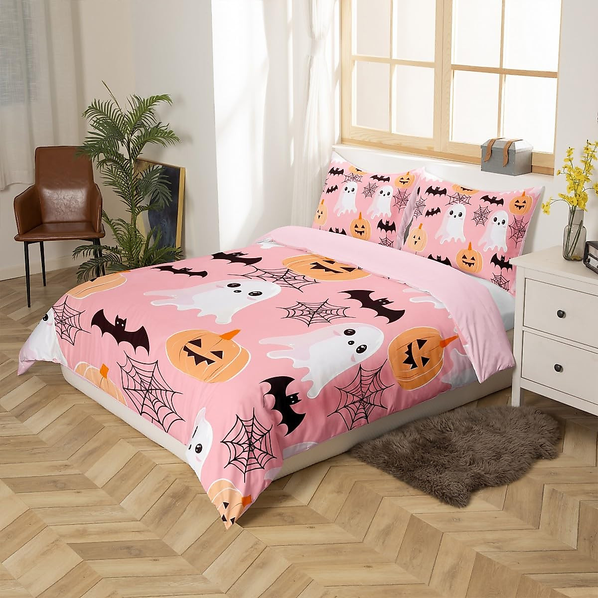 Erosebridal Pink Halloween Duvet Cover King, Pumpkin Lantern Bedding Set for Kids Girls, Cartoon Ghost Bat Comforter Cover Gothic Spooky Spider Web Bed Set Halloween Decoration with 2 Pilow Cases
