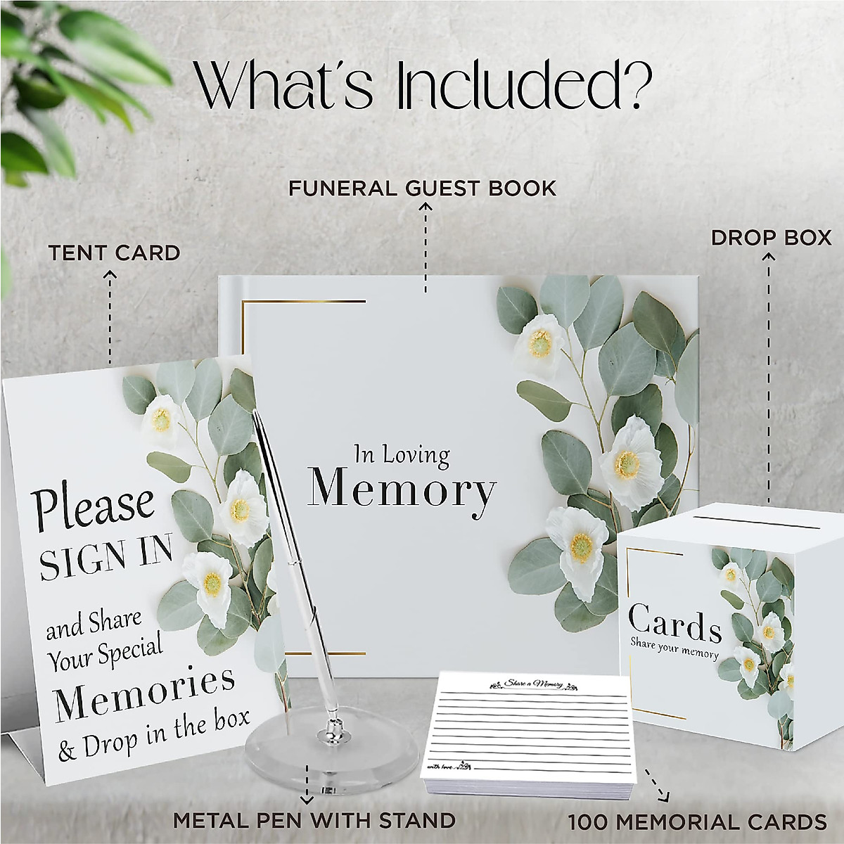 7 pcs Guest Book Set, Funeral Guest Book, Includes: Guestbook, 50 Memory Cards, Ball Pen+Pen Stand, Table Sign, Card Box, Mailer Box, Celebration of Life Guest Book, Registry Book, Memory Book