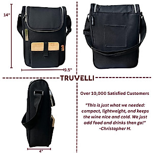 Truvelli Black Insulated Wine Tote Bag: Portable 2 Bottle Cheese Waterproof Black Canvas Carrier Picnic Kit - Stopper Attachment, Plus Wooden Charcuterie Board