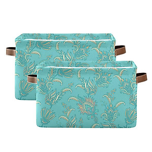 Emelivor Turquoise Floral Storage Basket Bins Decorative Toy Laundry Basket Organization with Handles for Home Boys Girls Office Closet Shelf Nursery Baskets,2 pcs