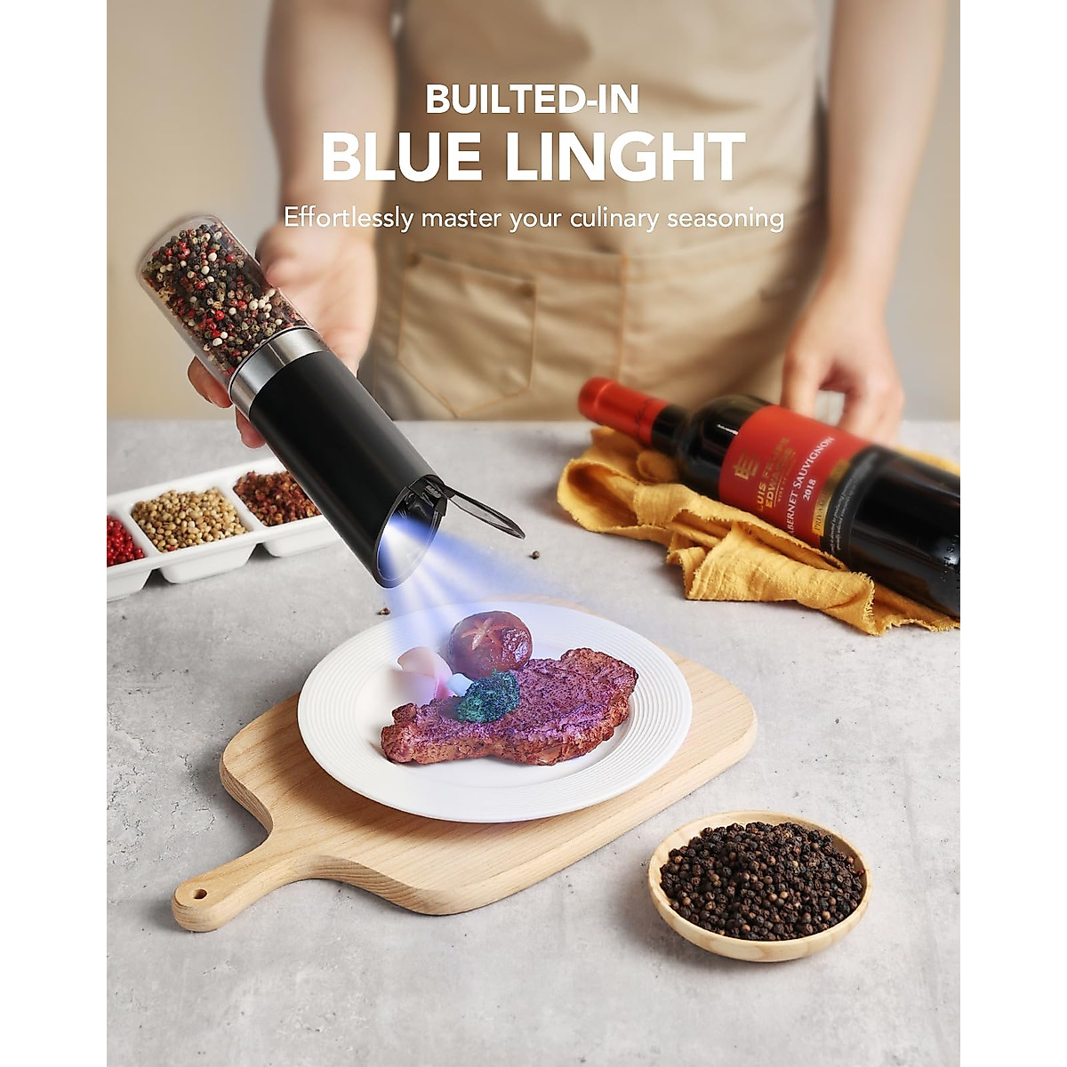 Sangcon Gravity Electric Salt and Pepper Grinder Set, Battery Salt and Pepper Mill Set with Dust Cover, 8 Oz Large Capacity Automatic Pepper Shaker with Light，Adjustable Coarseness, 2 Pack (Black)