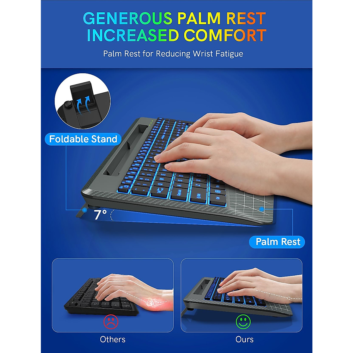 Trueque Wireless Keyboard with 7 Colored Backlits, Wrist Rest, Phone Holder, Rechargeable Ergonomic Computer Silent Keys, Full Size Lighted for Windows, MacBook, PC, Laptop (Gray), Grey