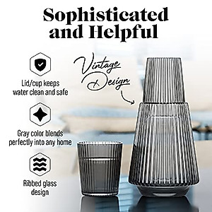 American Atelier Vintage Bedside Water Carafe with Tumbler – 37 Oz Ribbed Pitcher and Matching Drinking Glass Doubles as Lid for Guest Room, Office, or Gift, 4.5”x 9.25" (Gray)