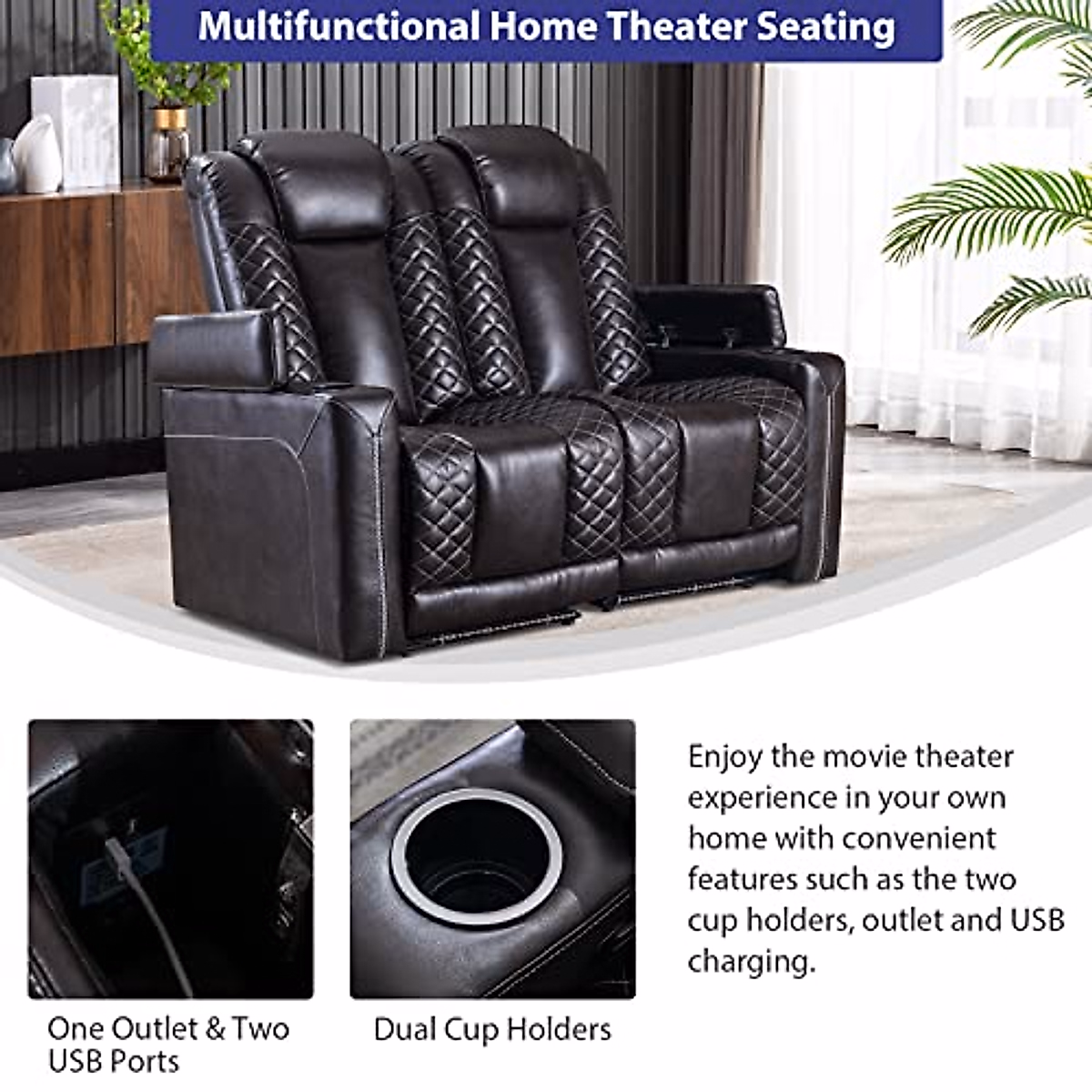 CANMOV Home Theater Seating, Electric Power Recliner with USB Ports and Cup Holders, Breathable Faux Leather Loveseat with Hidden Arm Storage, Ambient Lighting (Row of 2 Loveseat, Brown)