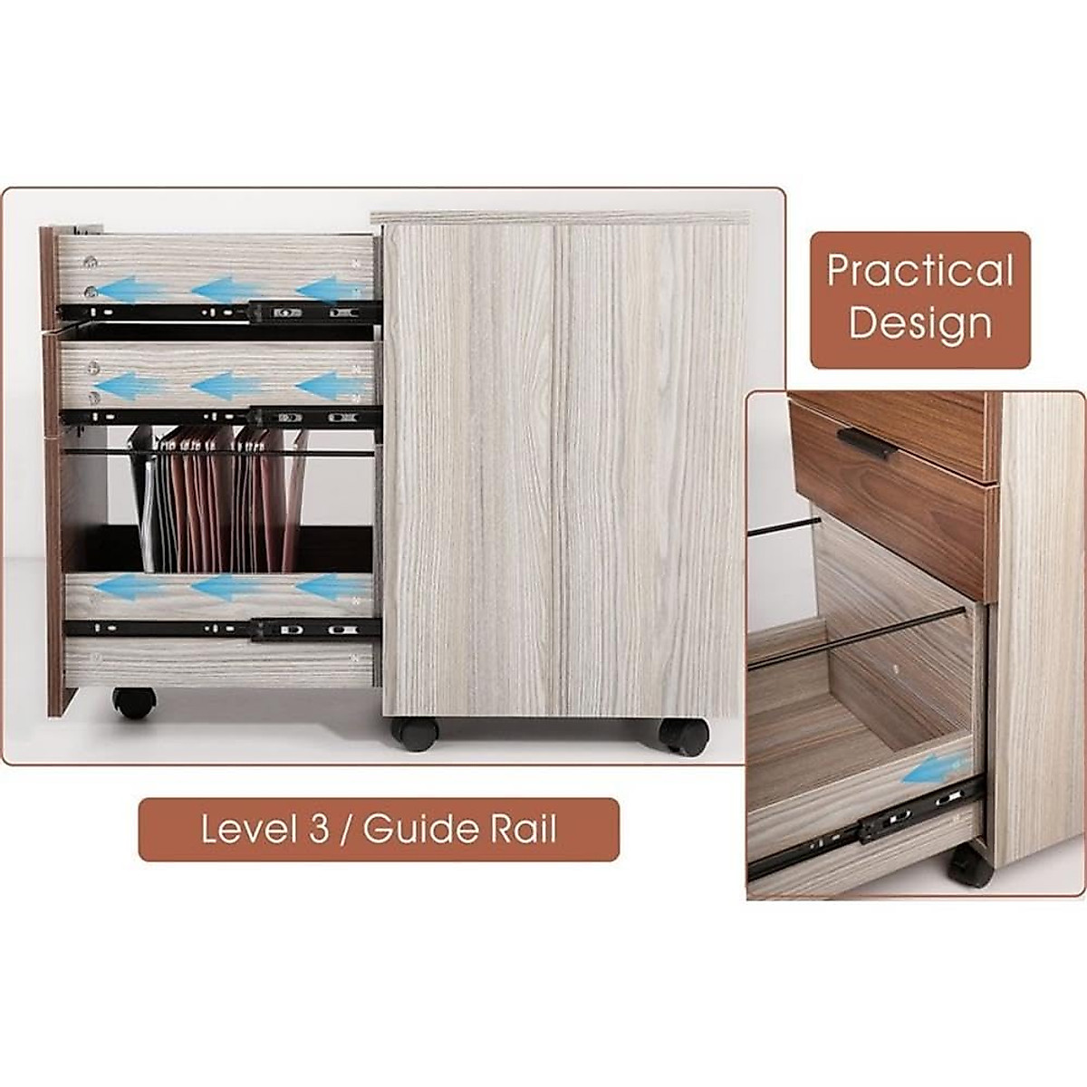JJS 3 Drawer Rolling Wood File Cabinet with Locking Wheels, Home Office Portable Vertical Mobile Wooden Storage Filing Cabinet for Letter Size, Brown