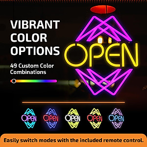Open Sign with 49 Color Combinations, Stand Out! - Neon LED Open Sign for Business Window w Remote - Large Jumbo Bright LEDs Visible Day and Night - by Element Lux - 20 x 22in