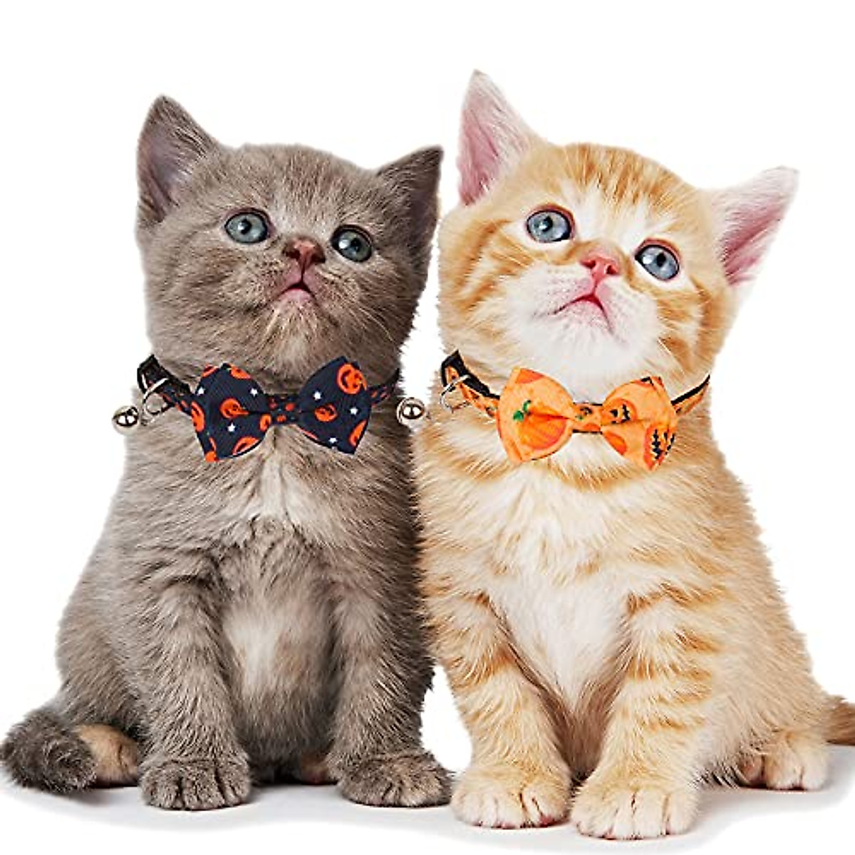 PTDECOR Halloween Cat Collars with Bow Tie Bell, 2 Pack Breakaway Kitten Collar with Removable Bowtie Pumpkin Halloween Collar for Girl Boy Cats (Black & Yellow)