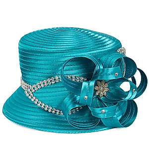 VECRY Womens Church Baptism Wedding Hat Tea Party Derby Dress Hats with Rhinestone (Aqua)