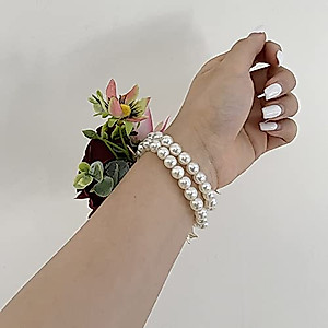 Rinlong Set of 6 Burgundy Wrist Corsage Wristlet Band Bracelet Wrist Flowers Wedding Bride Bridesmaid Flower Accessories Decoration